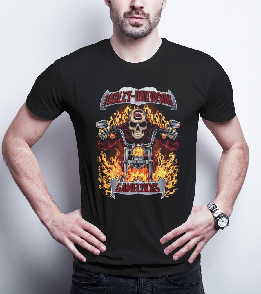 Harley Davidson South Carolina Gamecocks Flaming Skull Motorcycle T-Shirt