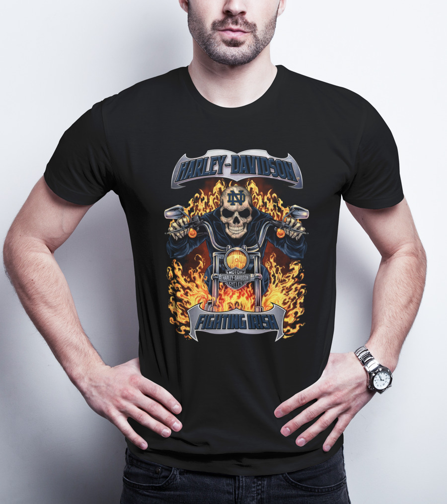 Harley Davidson Notre Dame Fighting Irish Motorcycle Skull Flames T-Shirt