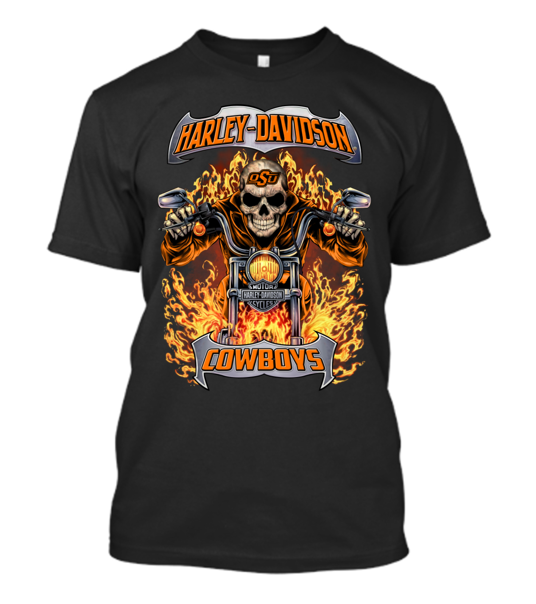 Harley Davidson Oklahoma State Cowboys Osu Skull Flames Motorcycle T-Shirt