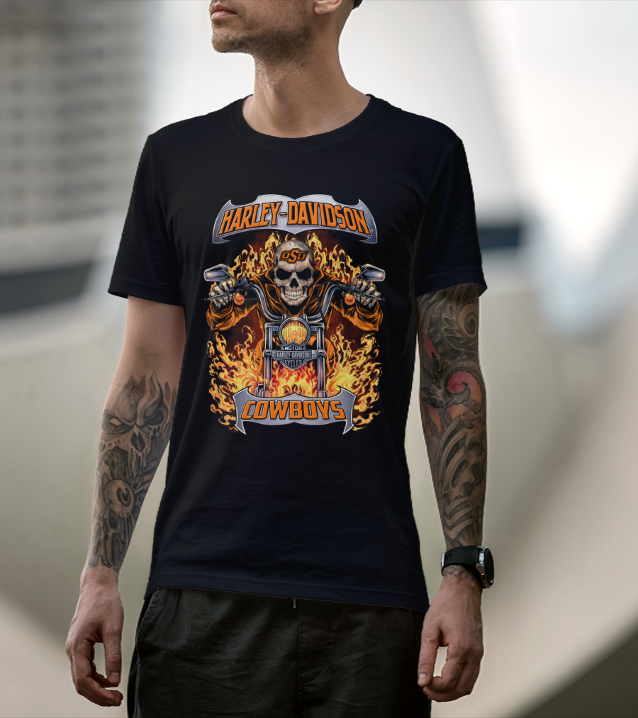 Harley Davidson Oklahoma State Cowboys Osu Skull Flames Motorcycle T-Shirt