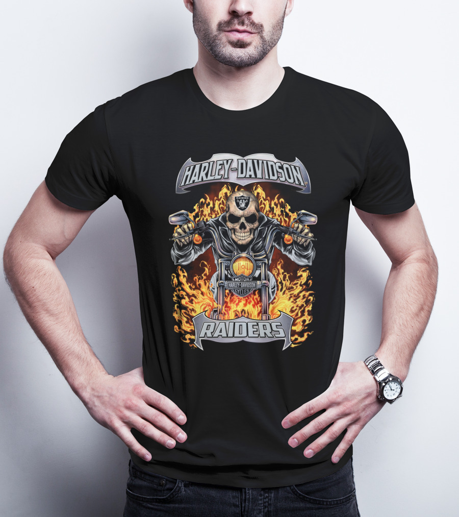 Harley Davidson Raiders Motorcycle Skull Flames T-Shirt