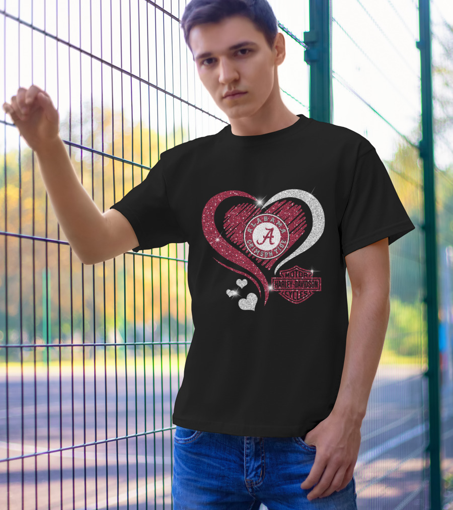Alabama Crimson Tide Heart Sparkle Harley Davidson Motorcycles T-Shirt