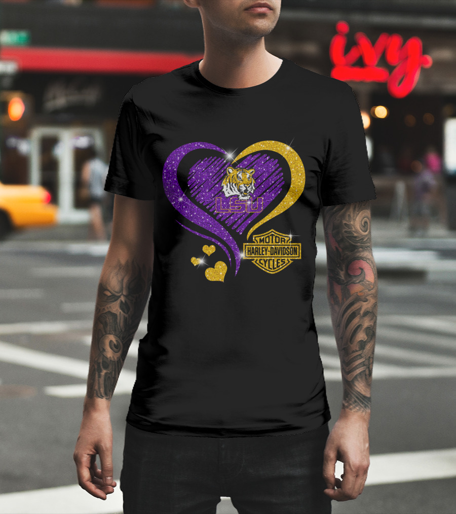 Lsu Tigers Harley Davidson Heart Ncaa Fan Gear T-Shirt