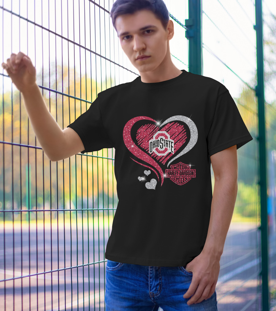 Ohio State Buckeyes Heart With Harley Davidson Motorcycles T-Shirt