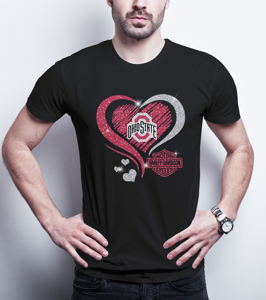 Ohio State Buckeyes Heart With Harley Davidson Motorcycles T-Shirt