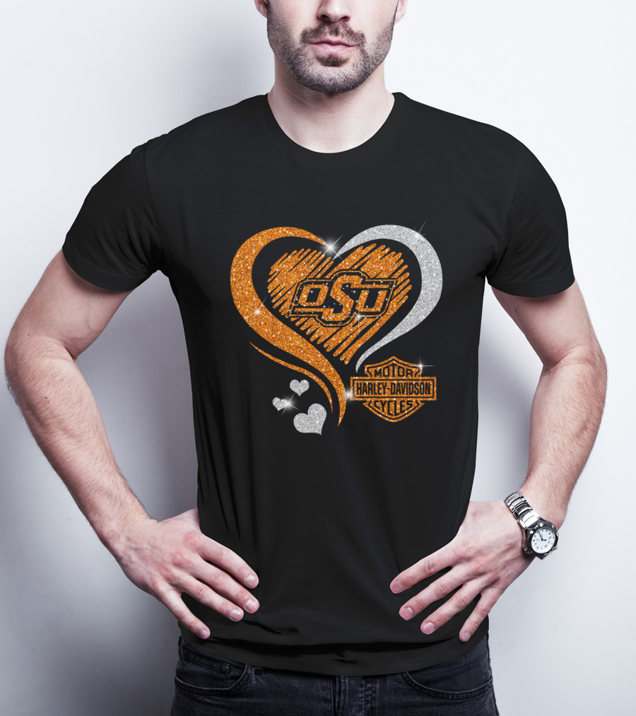 Osu Heart With Harley Davidson Logo And Oklahoma State Cowboys T-Shirt
