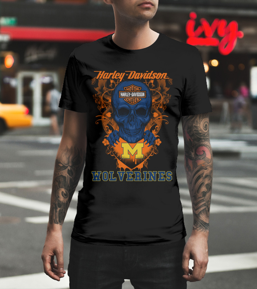 Harley Davidson Motor Cycles Skull Michigan Wolverines T-Shirt