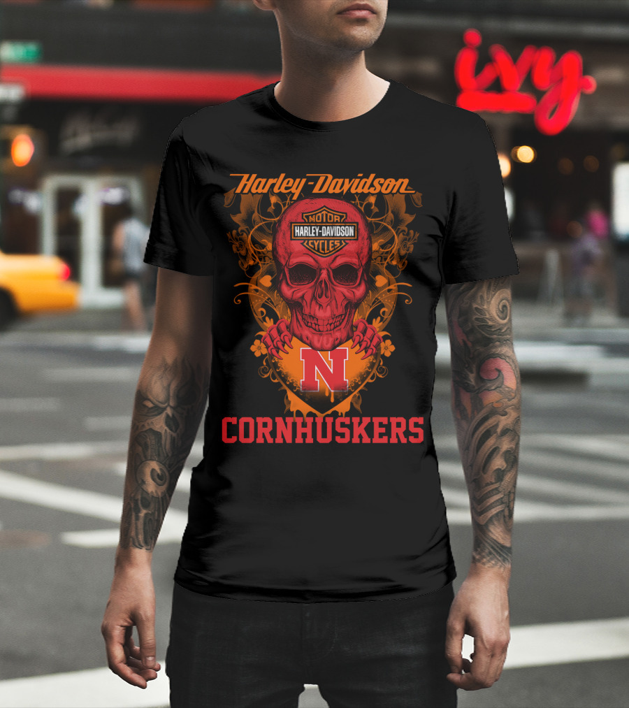 Harley Davidson Motor Cycles Nebraska Cornhuskers Skull T-Shirt