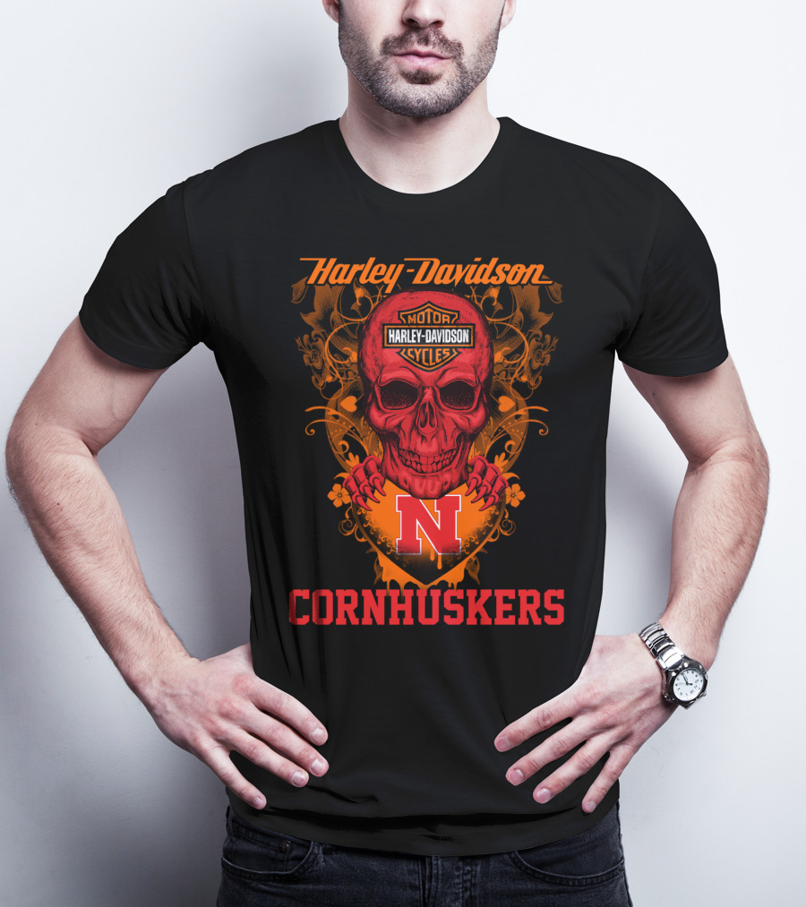 Harley Davidson Motor Cycles Nebraska Cornhuskers Skull T-Shirt
