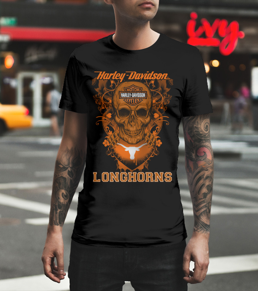 Harley Davidson Motor Cycles Skull Texas Longhorns T-Shirt