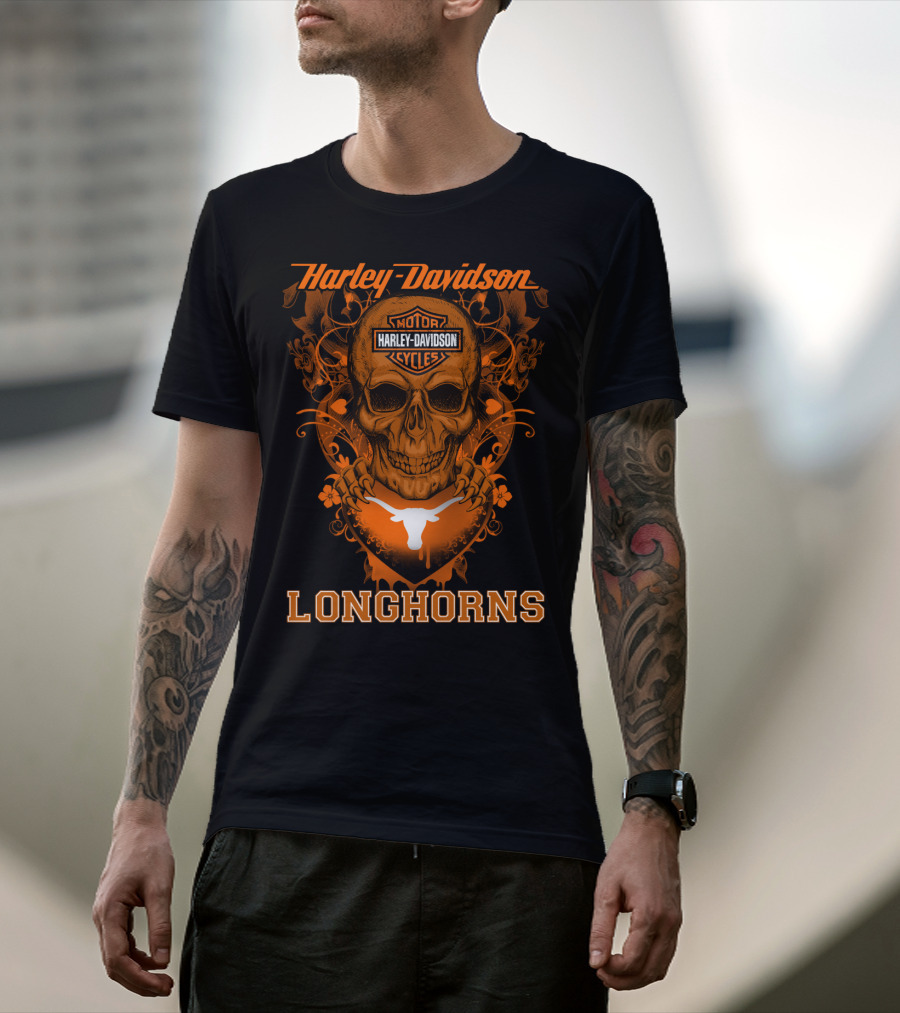 Harley Davidson Motor Cycles Skull Texas Longhorns T-Shirt