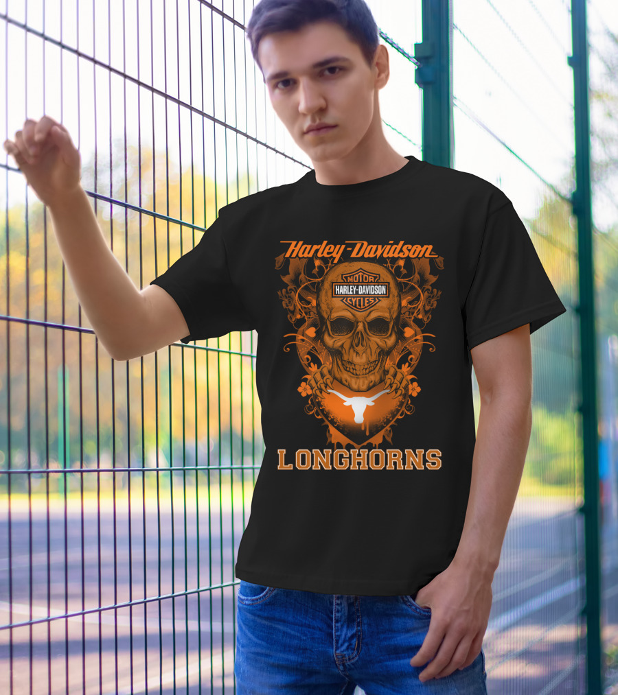Harley Davidson Motor Cycles Skull Texas Longhorns T-Shirt