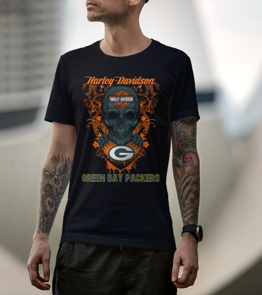 Harley Davidson Motor Cycles Skull Green Bay Packers T-Shirt
