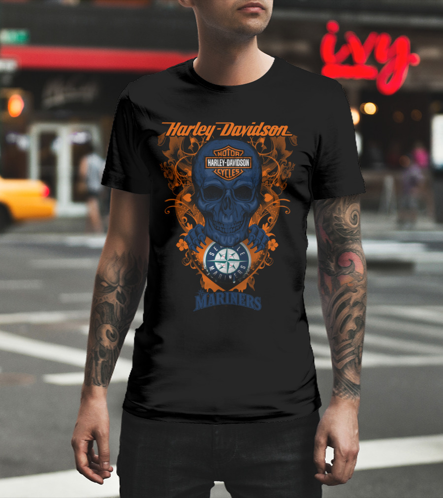 Harley Davidson Motor Cycles Seattle Mariners Skull T-Shirt
