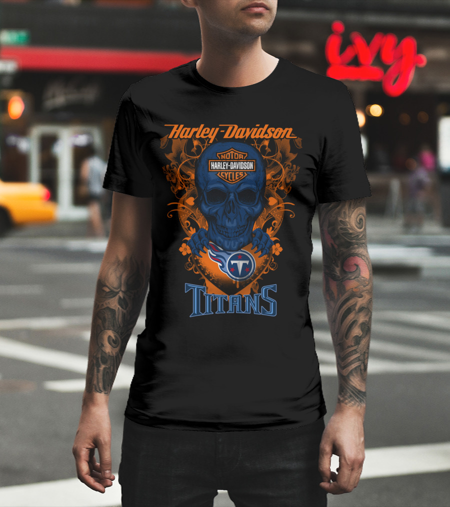 Harley Davidson Motor Cycles Skull With Tennessee Titans T-Shirt