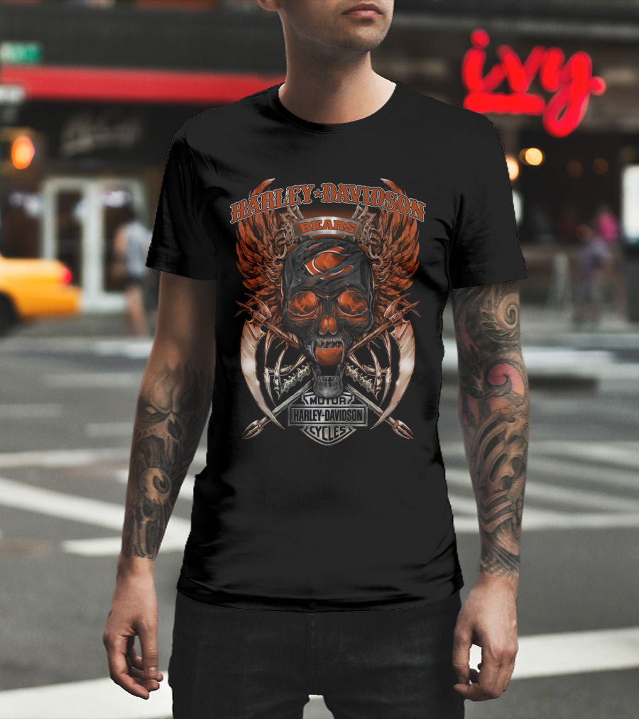 Harley Davidson Bears Skull Wings Graphic Chicago Bears T-Shirt