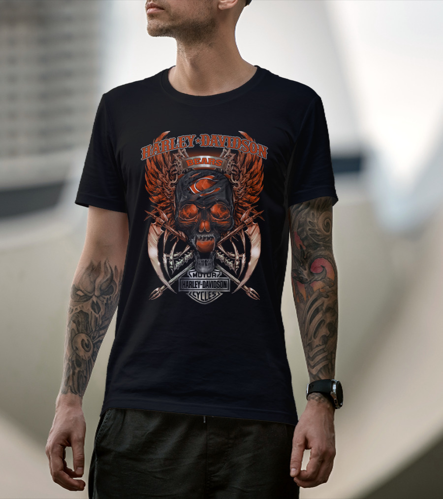 Harley Davidson Bears Skull Wings Graphic Chicago Bears T-Shirt