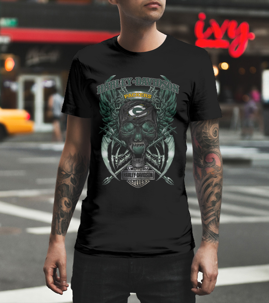 Harley Davidson Packers Green Bay Motor Cycles Skulls Wings T-Shirt