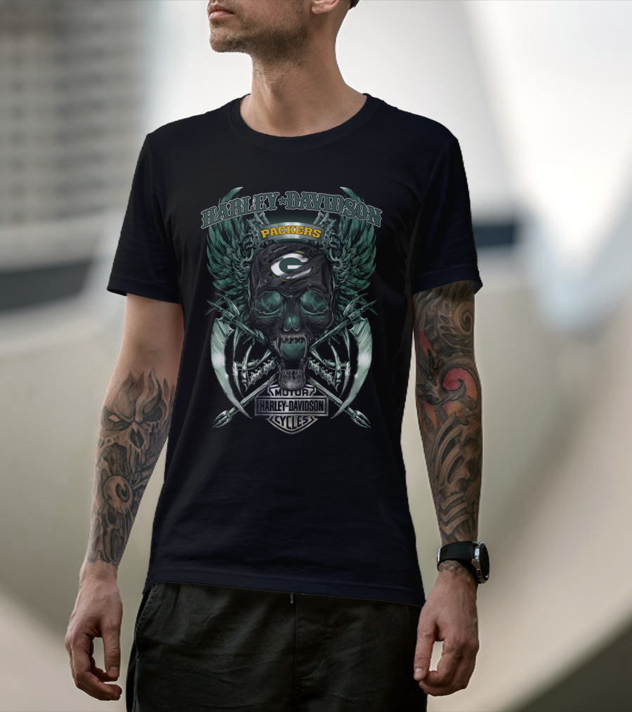 Harley Davidson Packers Green Bay Motor Cycles Skulls Wings T-Shirt