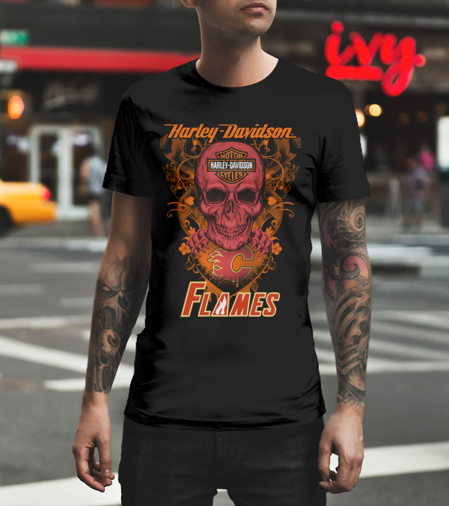 Harley Davidson Calgary Flames Nhl Skull Flames T-Shirt