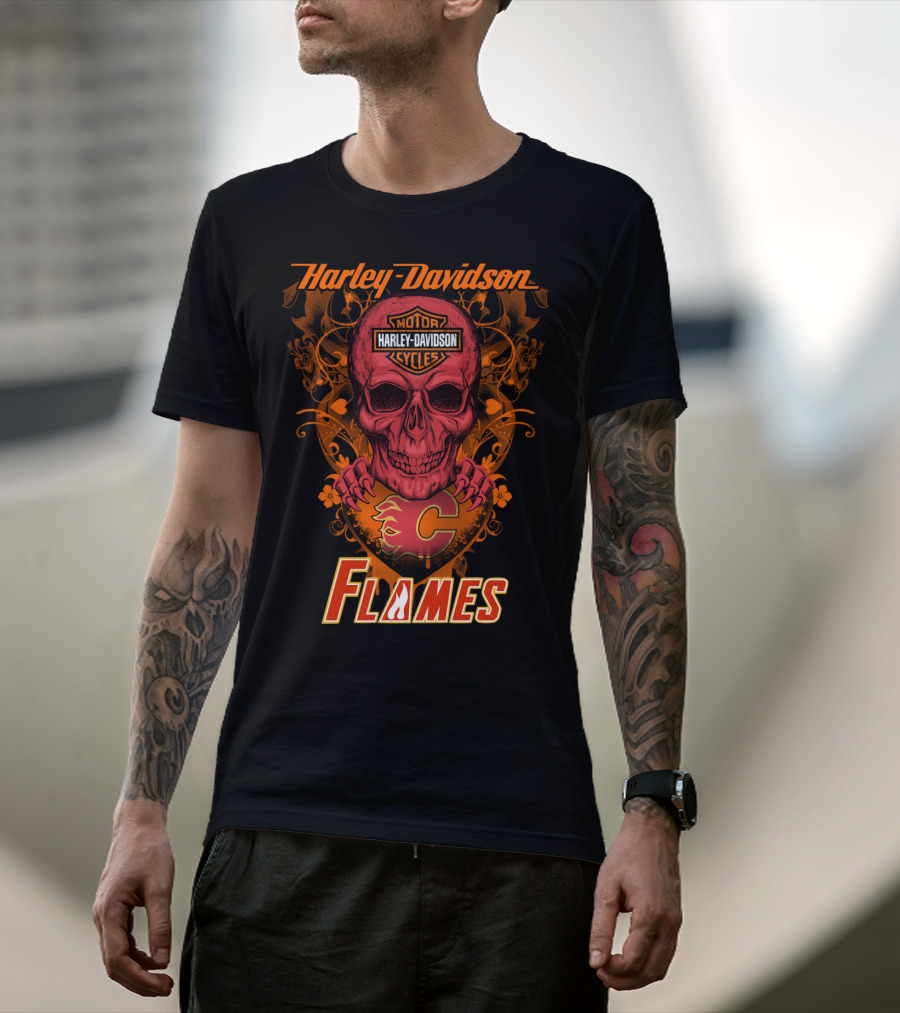 Harley Davidson Calgary Flames Nhl Skull Flames T-Shirt