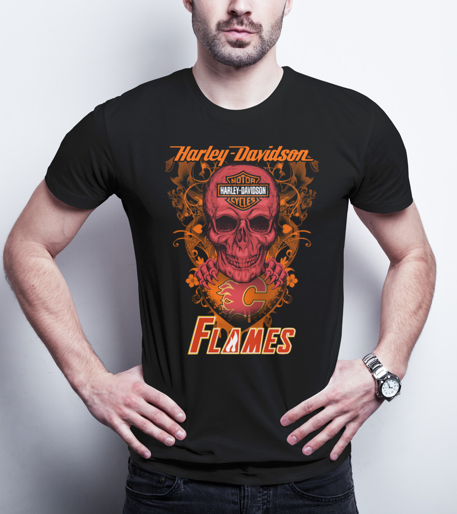 Harley Davidson Calgary Flames Nhl Skull Flames T-Shirt