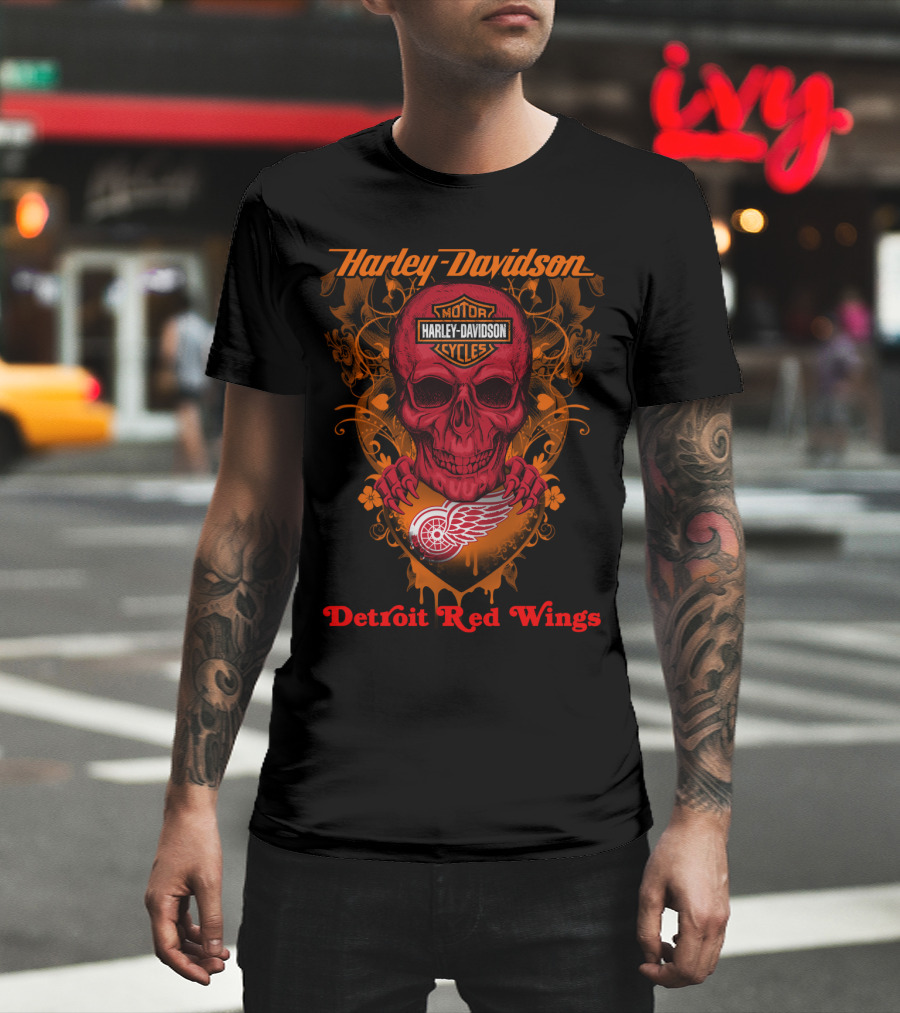 Harley Davidson Motor Cycles Skull Detroit Red Wings T-Shirt