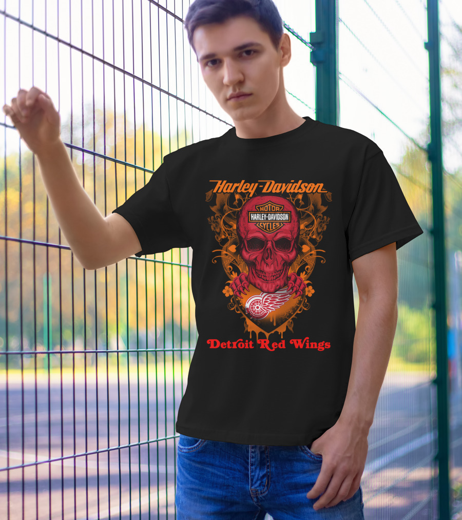Harley Davidson Motor Cycles Skull Detroit Red Wings T-Shirt