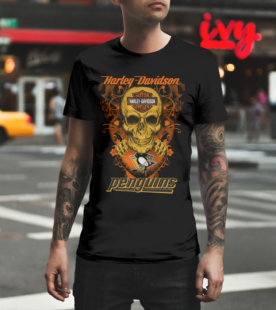 Harley Davidson Motor Cycles Skull Penguins Nhl Pittsburgh T-Shirt