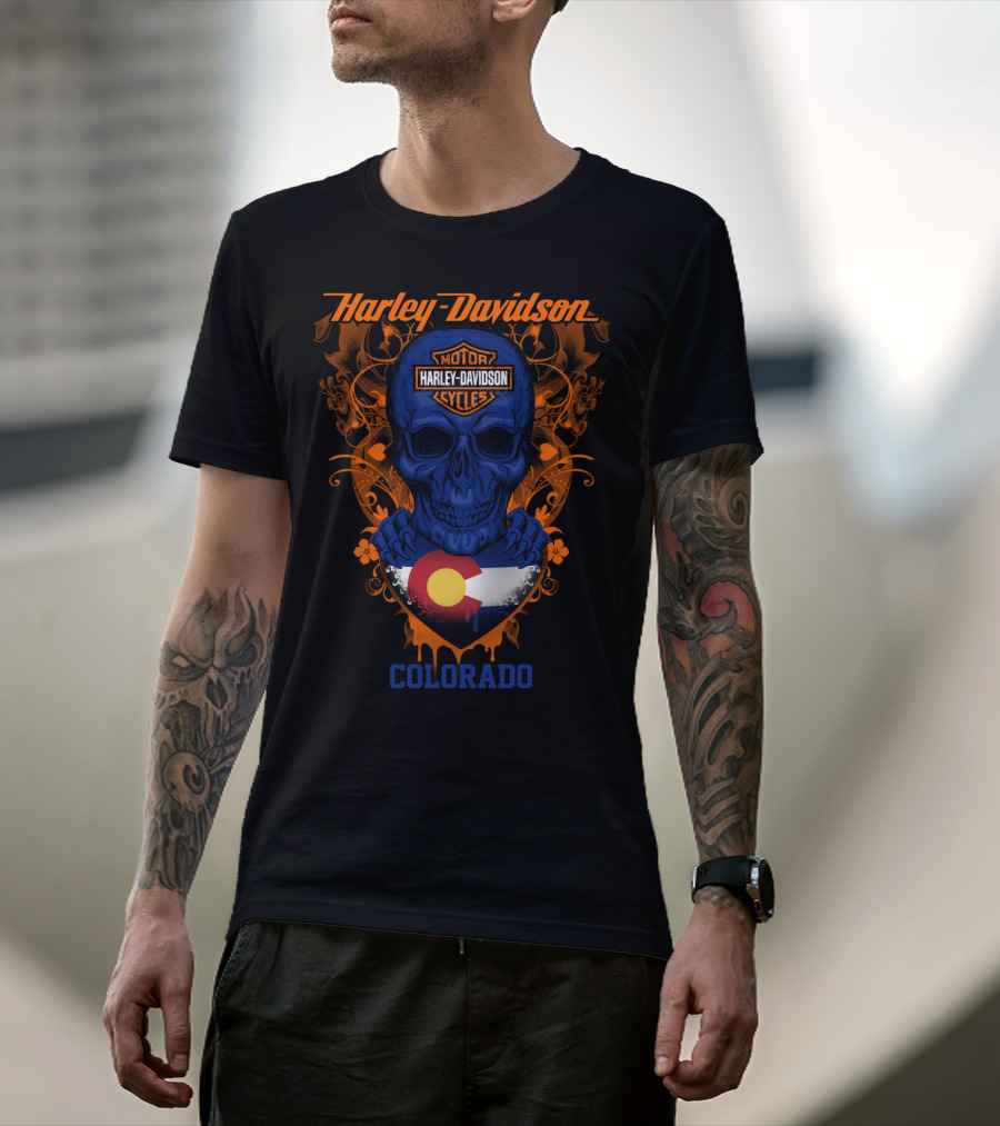 Harley Davidson Motorcycles Blue Skull Colorado Flag T-Shirt