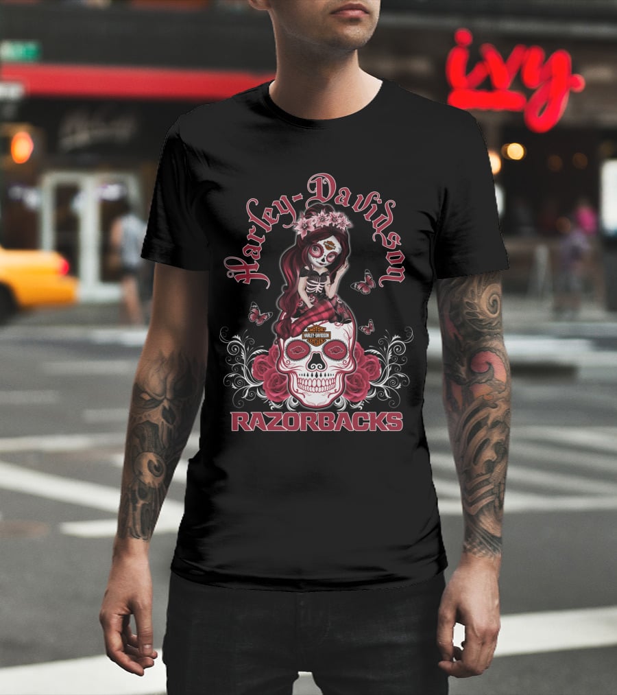 Harley Davidson Razorbacks Arkansas Girl Skull Roses Butterflies T-Shirt