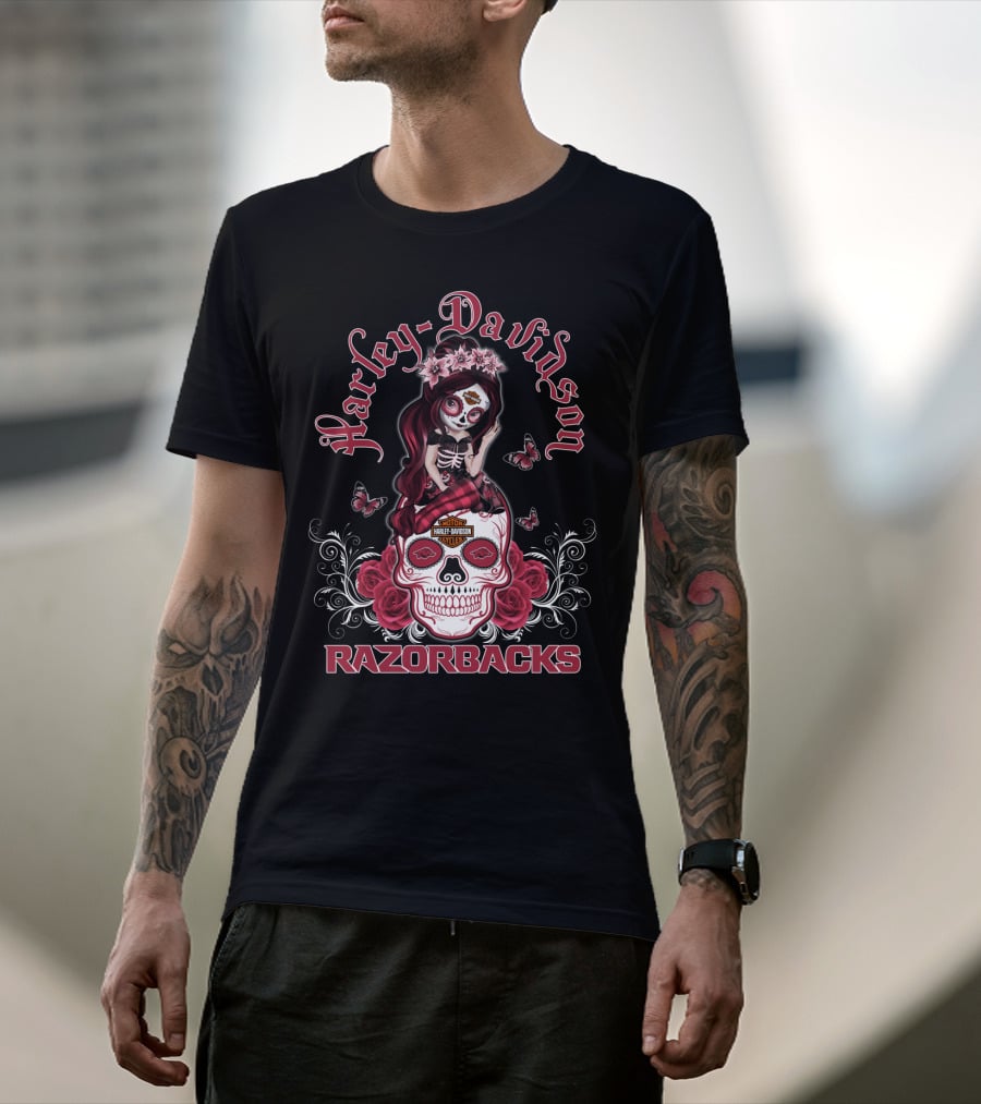 Harley Davidson Razorbacks Arkansas Girl Skull Roses Butterflies T-Shirt