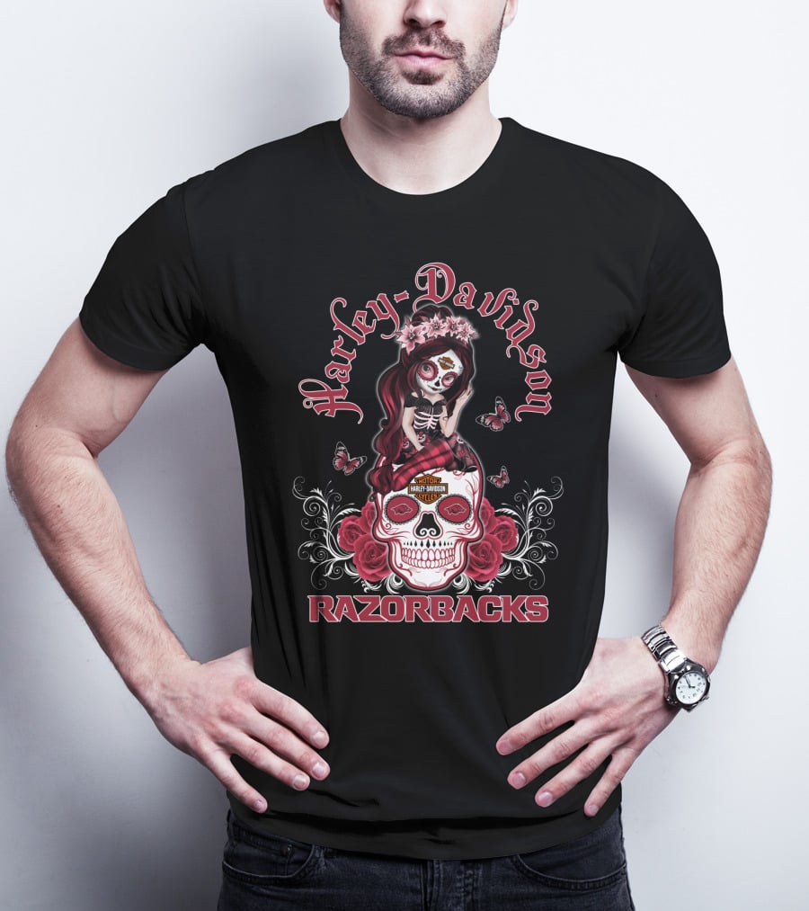 Harley Davidson Razorbacks Arkansas Girl Skull Roses Butterflies T-Shirt
