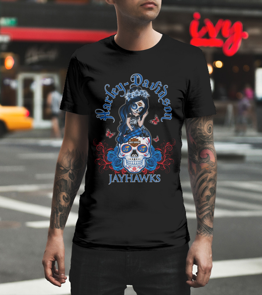 Harley Davidson Jayhawks Motorcycle Style With Day Of The Dead Skull And Butterflies T-Shirt
