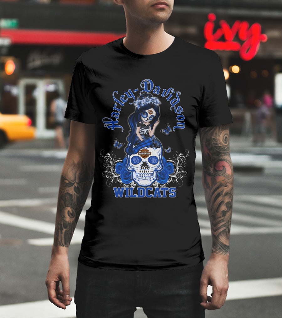 Harley Davidson Kentucky Wildcats Skull Girl With Blue Roses And Butterflies T-Shirt