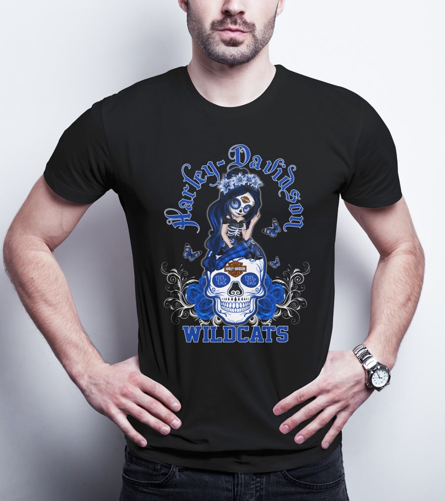Harley Davidson Kentucky Wildcats Skull Girl With Blue Roses And Butterflies T-Shirt