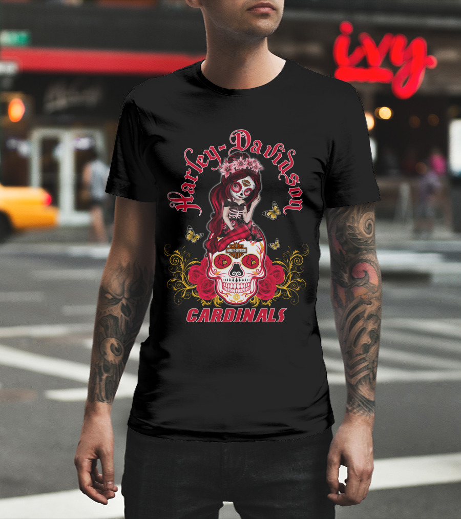 Harley Davidson Girl Louisville Cardinals Skull Rose Butterflies T-Shirt