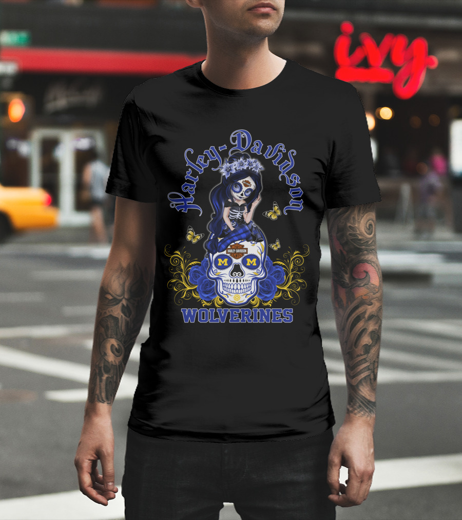 Harley Davidson Michigan Wolverines Skull Girl With Butterflies And Blue Roses T-Shirt