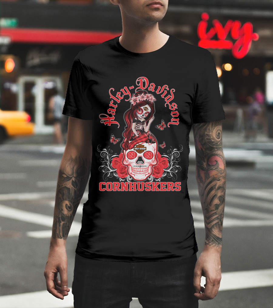 Harley Davidson Nebraska Cornhuskers Skull Roses Girl T-Shirt