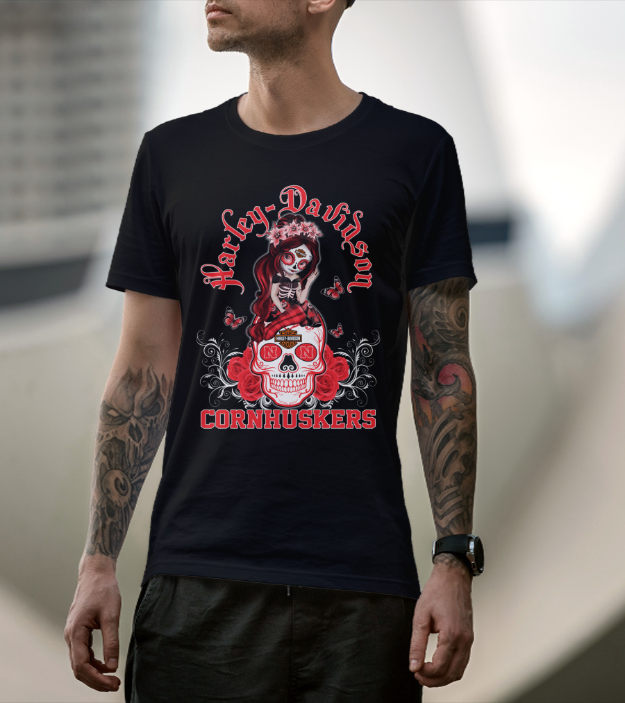 Harley Davidson Nebraska Cornhuskers Skull Roses Girl T-Shirt