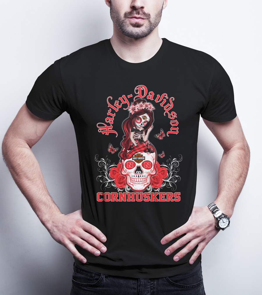 Harley Davidson Nebraska Cornhuskers Skull Roses Girl T-Shirt