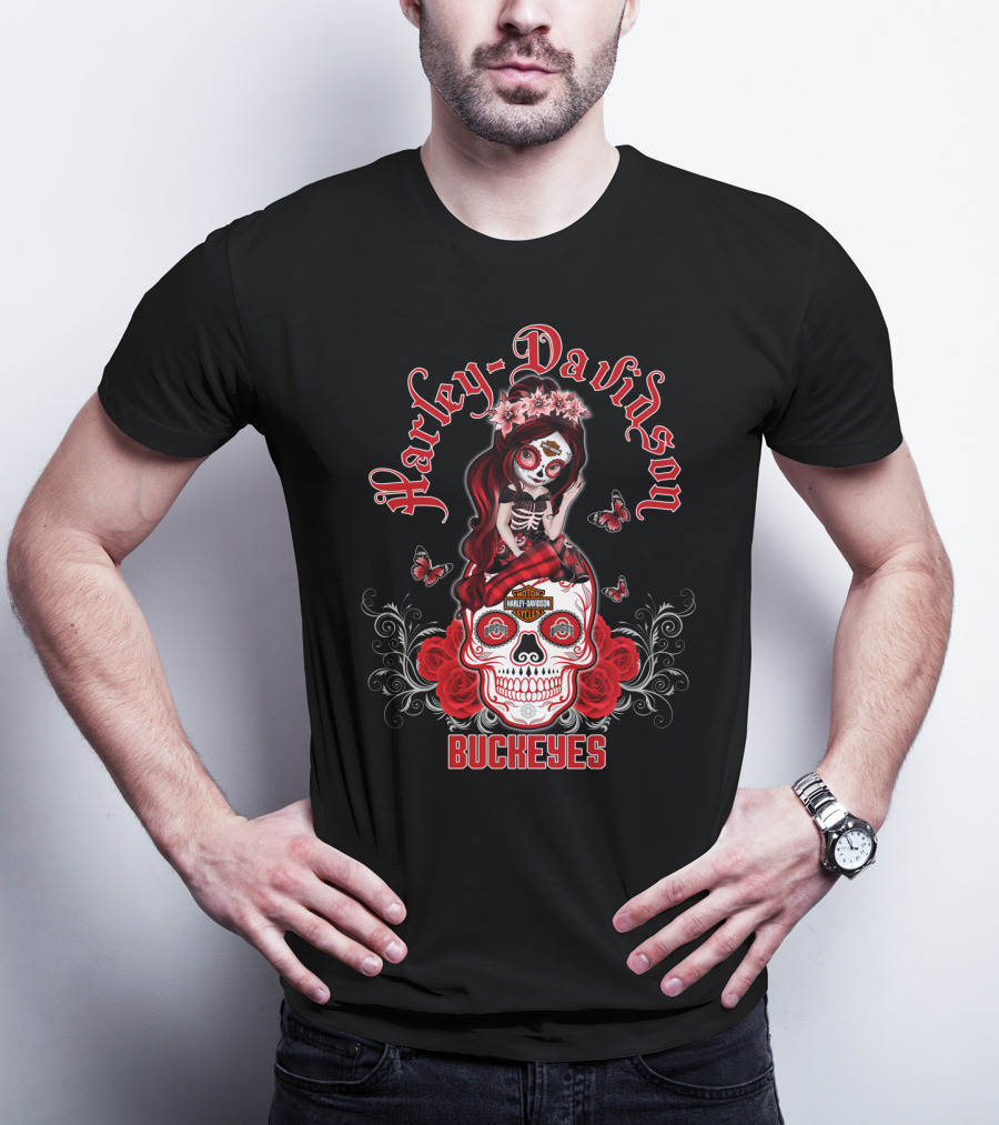 Harley Davidson Buckeyes Ohio State Skull Design Girl With Roses And Butterflies T-Shirt