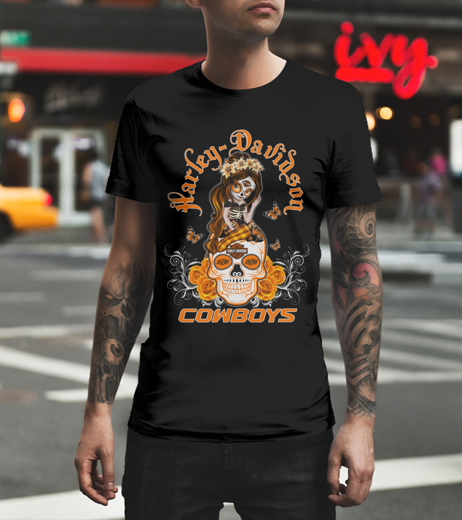 Harley Davidson Osu Cowboys Sugar Skull Roses Butterfly T-Shirt