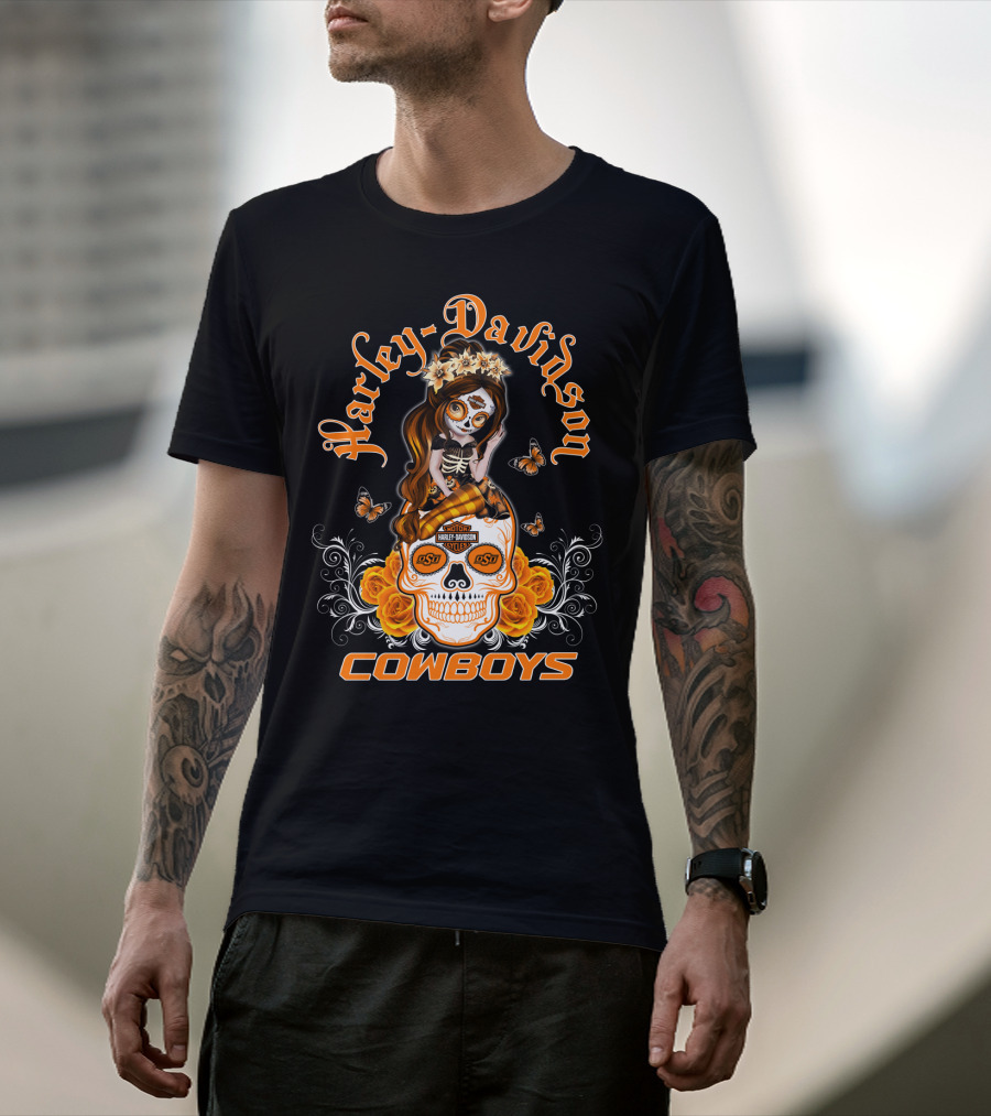 Harley Davidson Osu Cowboys Sugar Skull Roses Butterfly T-Shirt