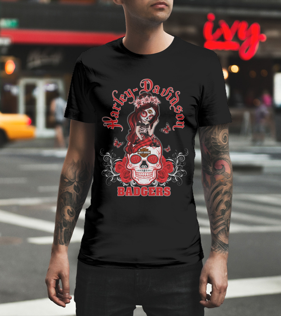 Harley Davidson Wisconsin Badgers Skull Rose Blossoms T-Shirt