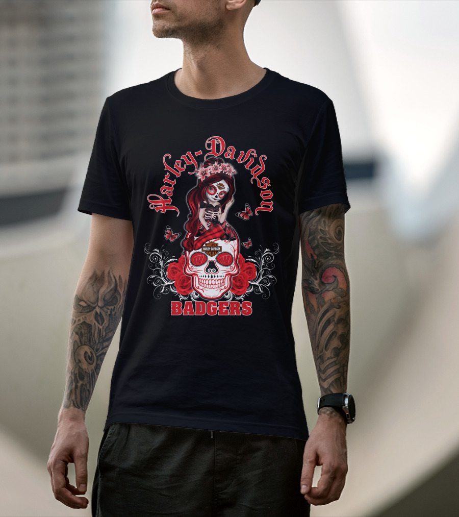Harley Davidson Wisconsin Badgers Skull Rose Blossoms T-Shirt