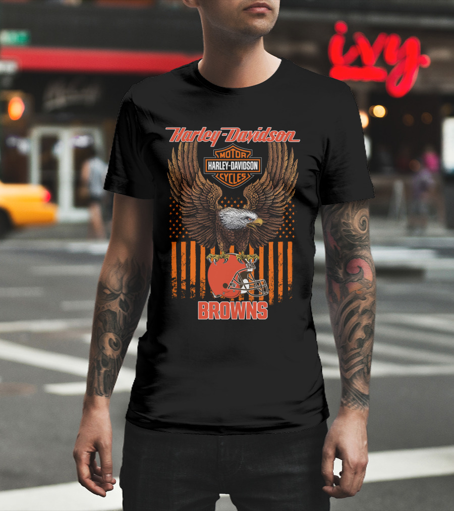 Harley Davidson Motor Cycles Nfl Cleveland Browns Eagle Flag T-Shirt