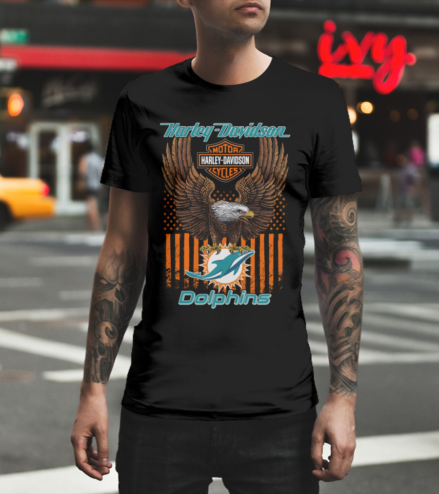 Harley Davidson Motor Cycles Miami Dolphins Eagle Stars Stripes T-Shirt