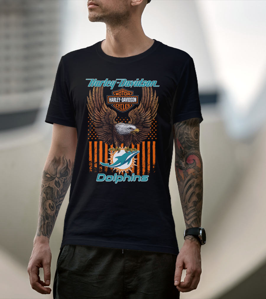 Harley Davidson Motor Cycles Miami Dolphins Eagle Stars Stripes T-Shirt
