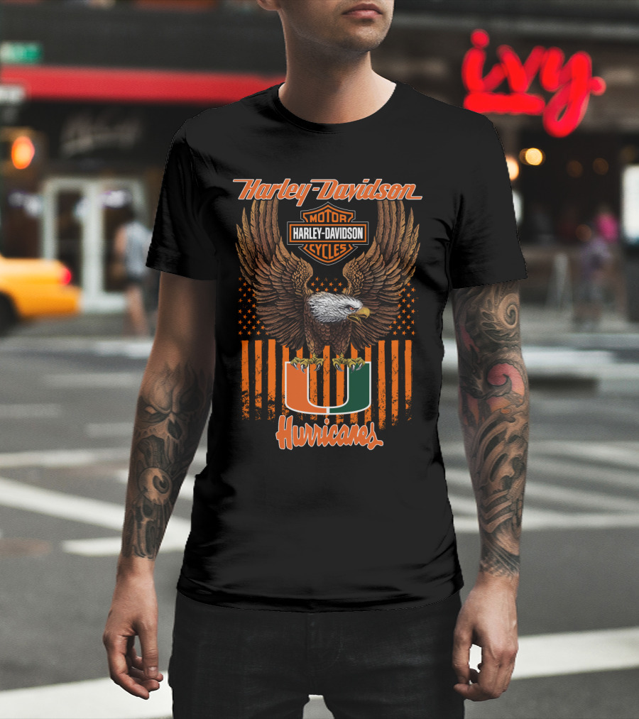 Harley Davidson Miami Hurricanes U Logo With Eagle And Stripes T-Shirt